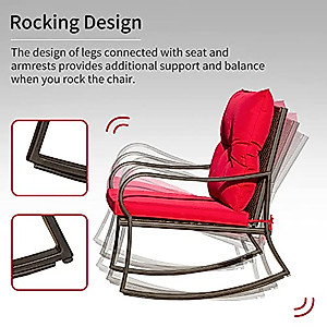 domi outdoor living 3 Pieces Bistro Set Outdoor Rocking Chairs All Weather Patio Wicker Furniture Set with Thickened Cushion and Glass Top Coffee Table for Yard,Bistro (Red)