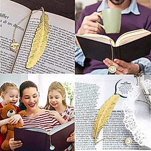 4 Pieces Metal Feather Bookmarks Pendant Bookmark Gold Retro Book Page Markers,Perfect Gift for Reader,Women,Kids,Students, Teachers,Friends and Book Lovers(Key,Sea Shell,Treasure,Clock）