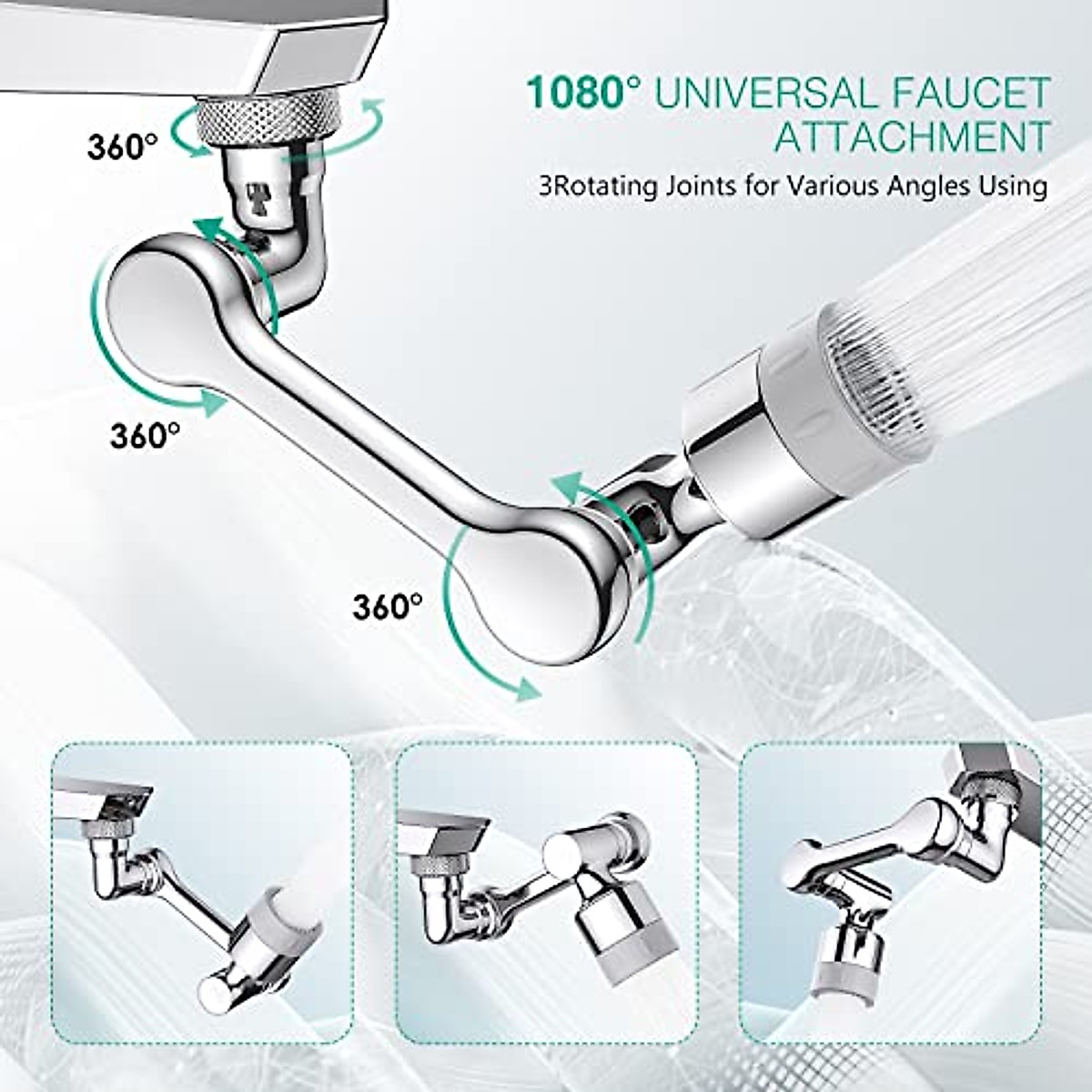 Swivel Faucet Extender, 1080° Rotatable Faucet Aerator, Universal Splash Filter Faucet Sink Water Extender with 2 Water Outlet Modes, Spray Attachment, Robotic Arm for Bathroom Sink Kitchen Tap