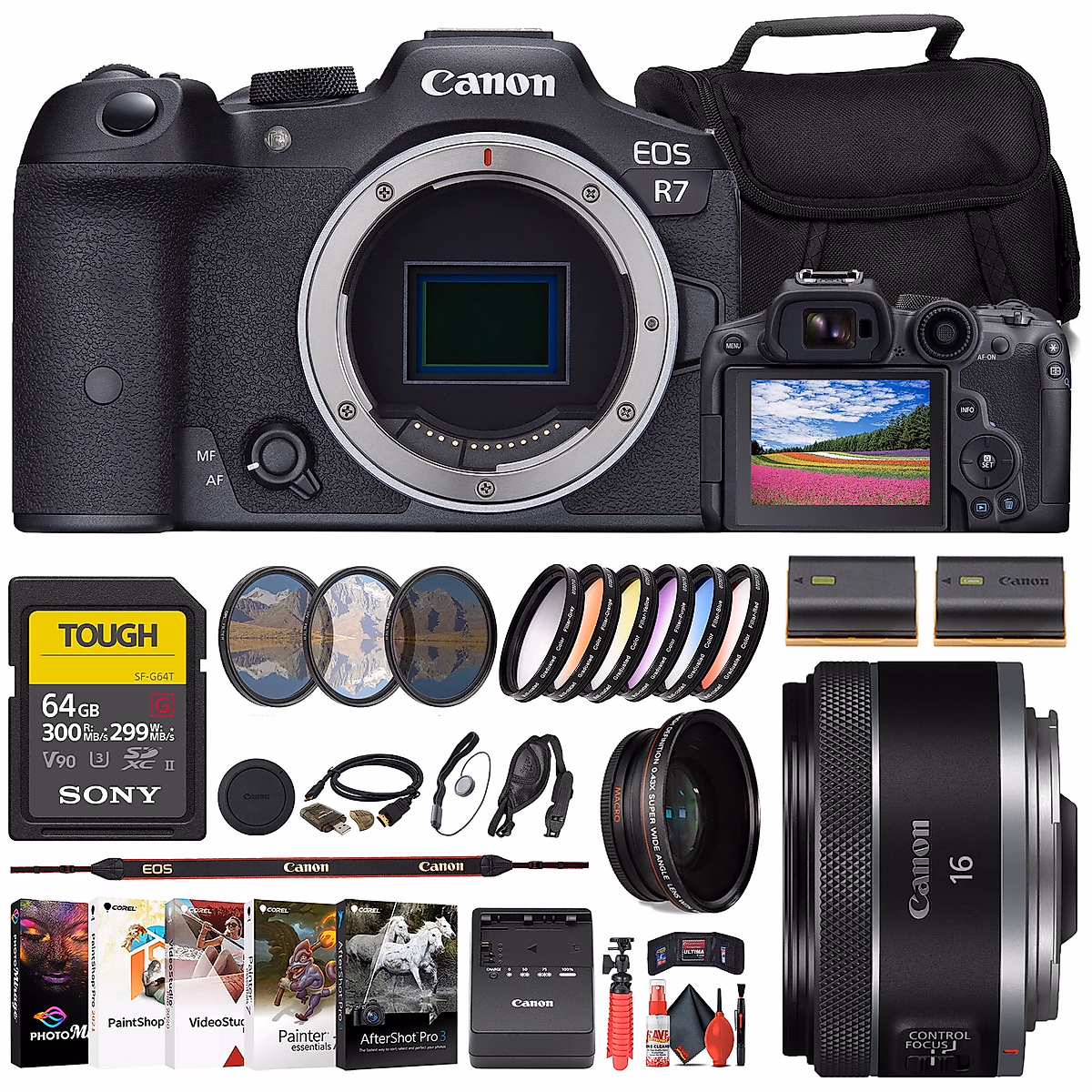 Canon EOS R7 Mirrorless Camera (5137C002) + Canon 16mm Lens (5051C002) + Sony 64GB Tough SD Card + Filter Kit + Bag + Charger + LPE6 Battery + Telephoto Lens + Card Reader + More (Renewed)