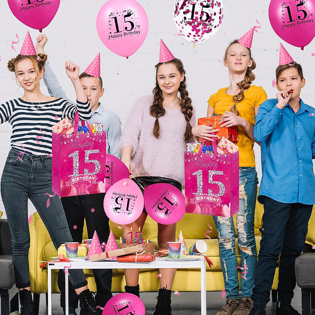 15th Birthday Gift Bag for 15 Year Old Teen Girls Sweet 15 Gift Bag with Card and Tissue Paper Pink 15th Birthday Wrapping Paper Bag 15th Birthday Decorations for Girls 15 Years Old Girl Gift Ideas