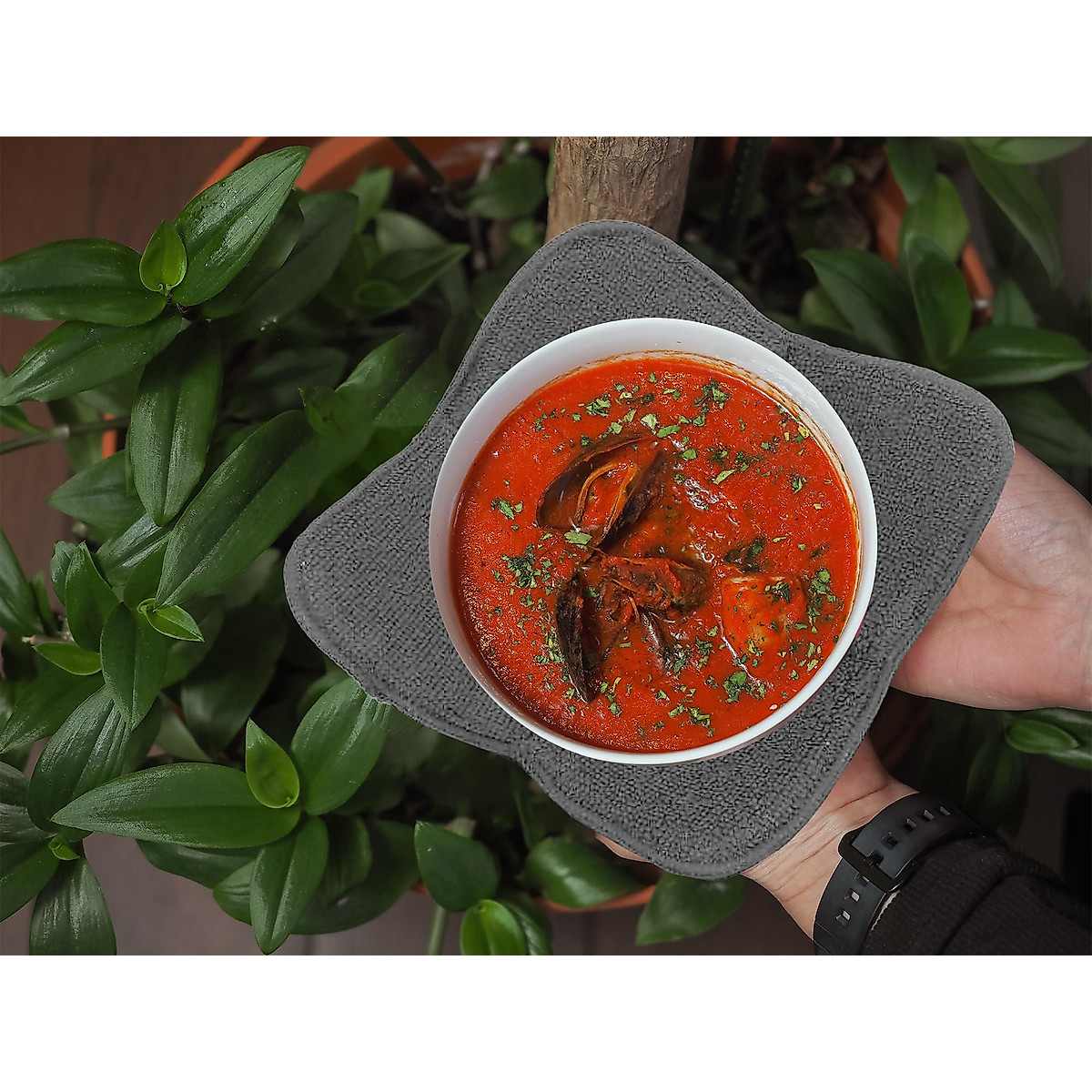 ULVEOL Set of 2 Gray Microwaveable Bowl Holders - Polyester Hot Soup Holder for Kitchen Gadget - Hot Pot and Japanese Soup Bowls - Microwave Bowl Cozy Safe - Multipurpose Hot Heat Proof Plate Holder