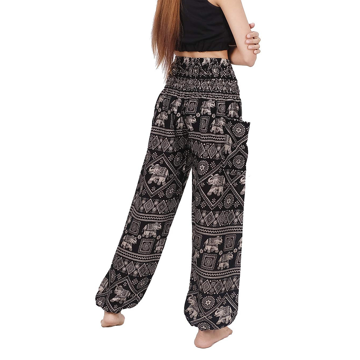 Banjamath® Women's Smocked Waist Harem Hippie Boho Yoga Palazzo Casual Pants (S,Elephant Black)