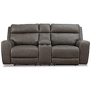 Signature Design by Ashley Roman Contemporary Tufted Leather Power Reclining Loveseat with Console and Adjustable Headrest, Gray