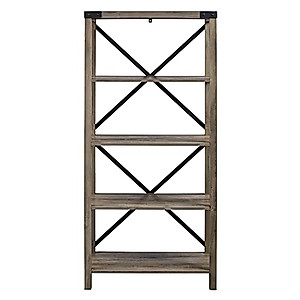 Walker Edison Andersen Urban Industrial Metal X Back 4 tier Bookshelf, 64 Inch, Grey Wash