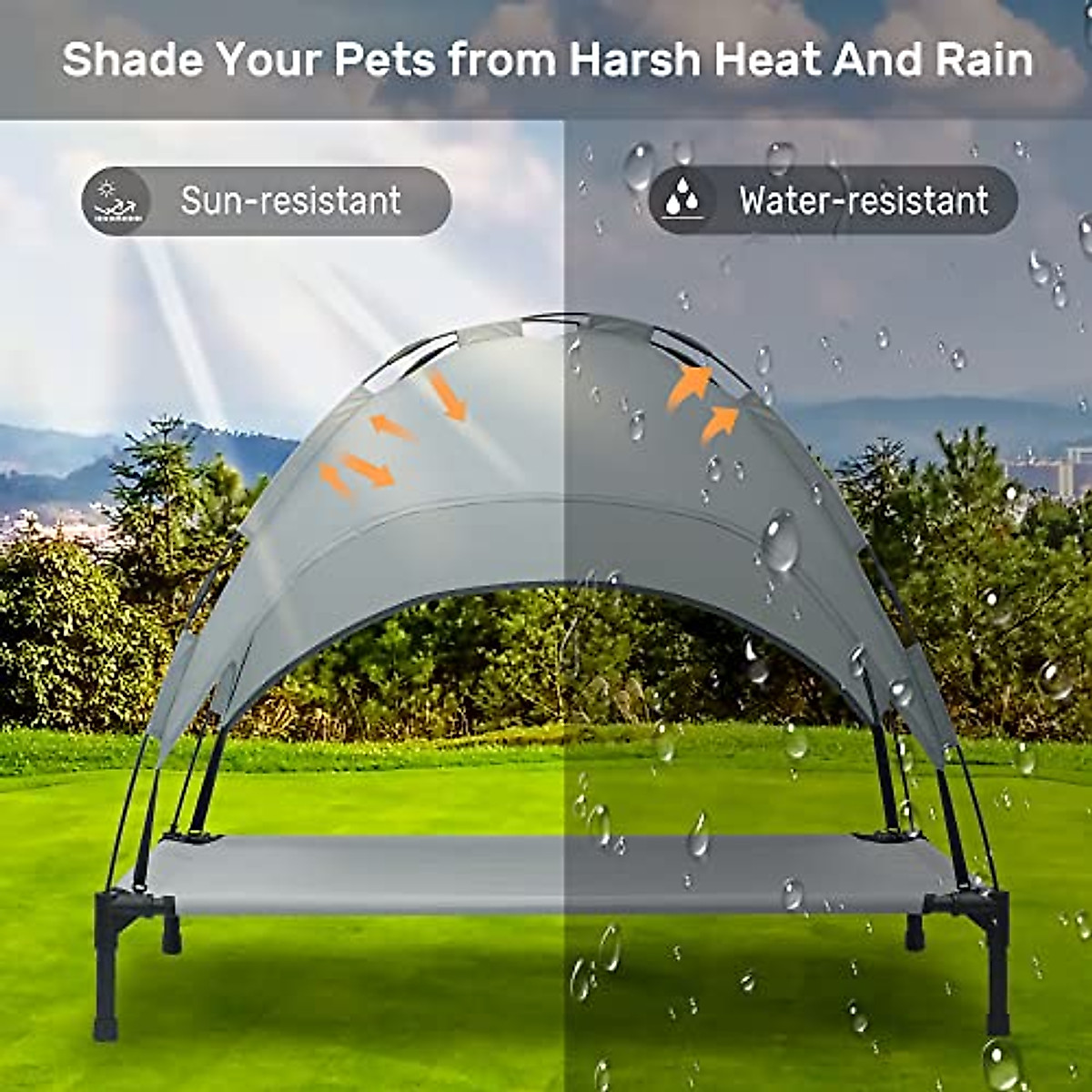 Heeyoo Elevated Dog Bed with Canopy, Outdoor Dog Cot with Removable Canopy Shade Tent, Portable Raised Pet Cot Cooling Bed for Dogs and Cats, 42 inches