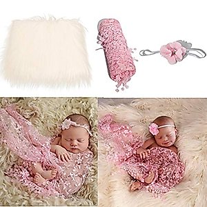 Yunnyp 3pcs Baby Photo Shooting Background Set,Baby Photo Props Fluffy Blanket + Wrap + Headband Set Newborn Photography Wrap Mat (Pink)