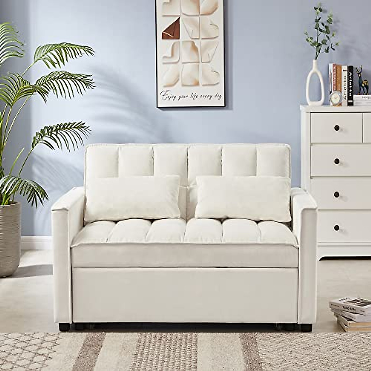FULife Sleeper Sofa, Convertible Futon Loveseat Sofá Chair 3-in-1, Pullout Chaise Lounge Couch Bed 2-Seat with Adjustable Back for Living Room Apartment Small Space, Velvet Beige 53.14" w