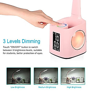wanjiaone LED Desk Lamp with Clock,Color Changing Nightlight,Study Lamp with Pen Holder,Desk Light with USB Charger,Table Light for Home,Office,Gift for Kids,Students,Women,3 Brightness Levels,Pink