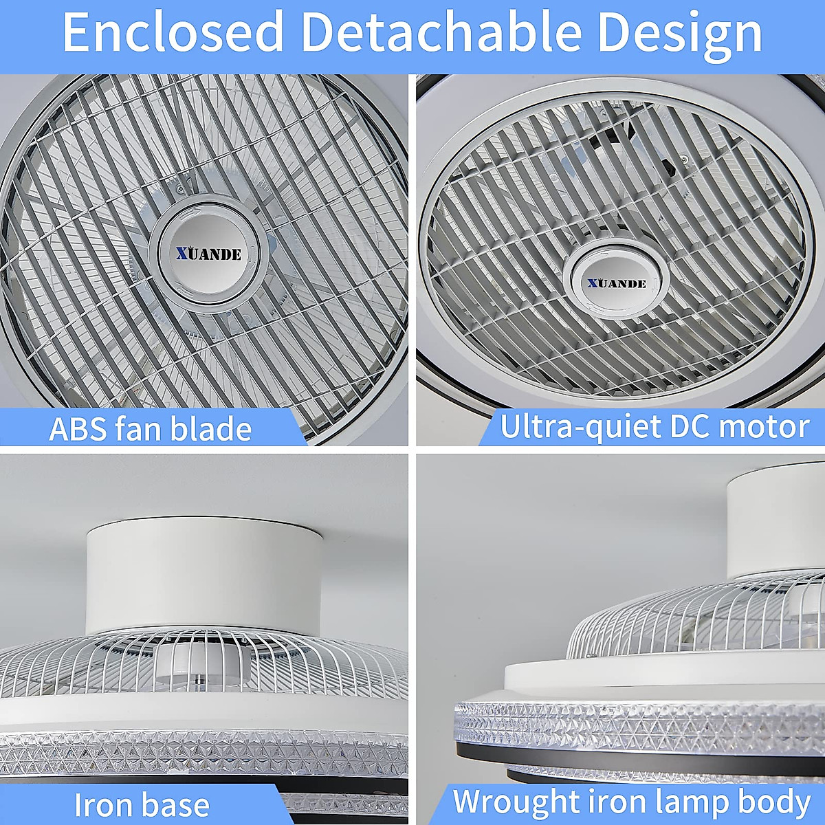 XuanDe Ceiling Fans with Lights and Remote Quiet, 20" Enclosed Ceiling Fans Modern Low Profile DC Motor 6 Gear Wind Speeds 3 Colors of Lights-Silver