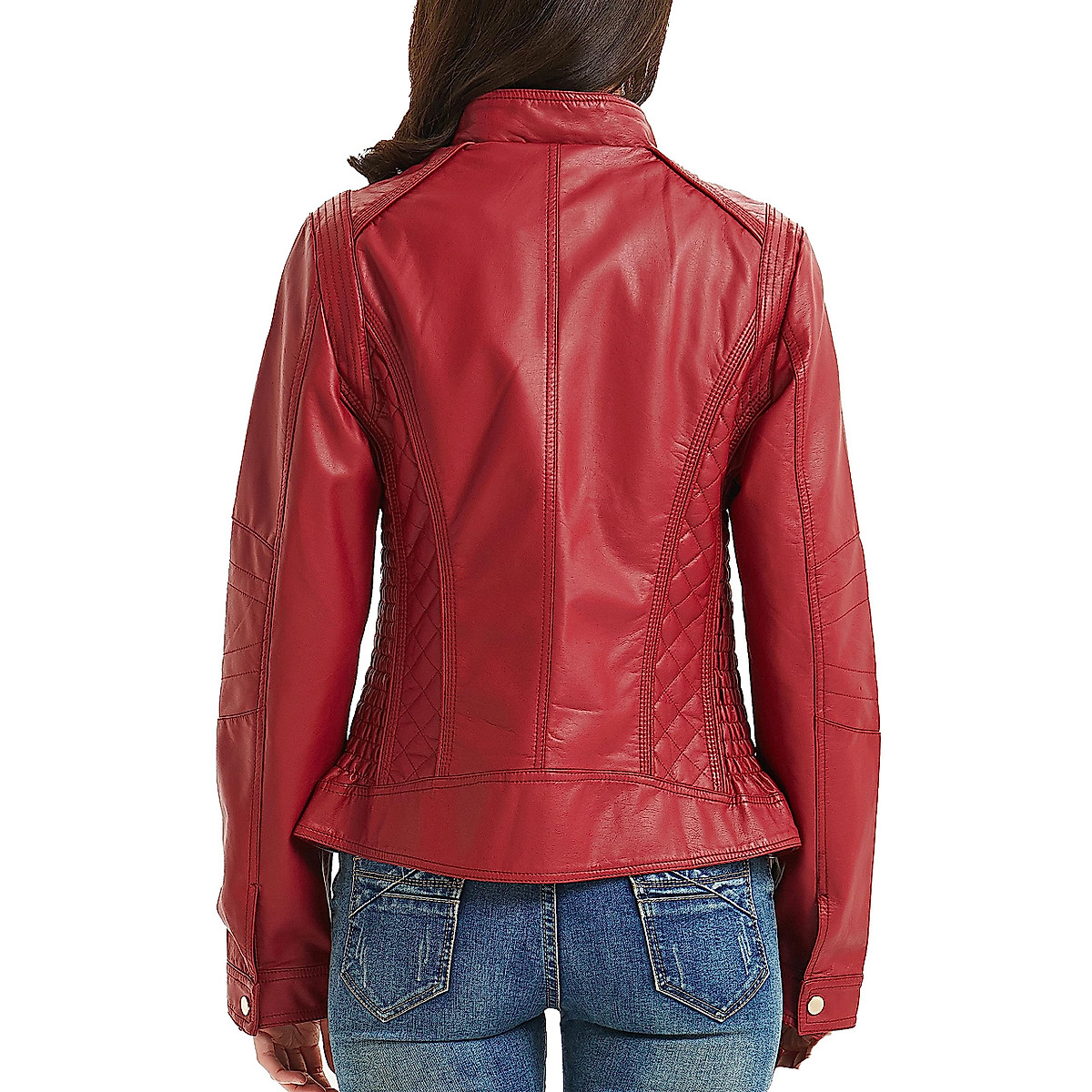 Bellivera Womens Faux Leather Jacket Moto Long Sleeves Coat 36 Red XL
