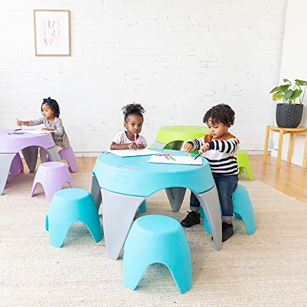 ECR4Kids Ayana Table and Stool Set, Kids Furniture, Cyan/Light Grey, 5-Piece