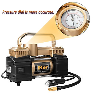 iKer Portable Air Compressor Heavy Duty Tire Inflator for Car, Truck, SUV,12V 70L/Min Double Cylinders Metal Air Pump 150PSI with LED Work Lights,11.5ft Extension Air Hose and Tire Repair Kit