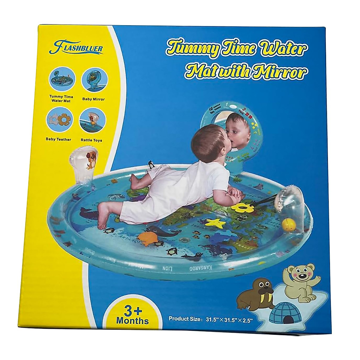 flashbluer 4-in-1 Tummy Time Water Mat with Baby Mirror & Baby Teethers and Rattles, Large Baby Water Play Mat Infant Newborn Baby Toys, Suitable for 3 6 9 12 Month Baby Girl or Boy Development