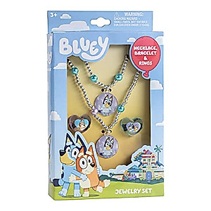 LUV HER Bluey Girls 4 Piece Costume Toy Jewelry Box Set with Silver Rings, Bead Bracelet and Necklace Ages 3+