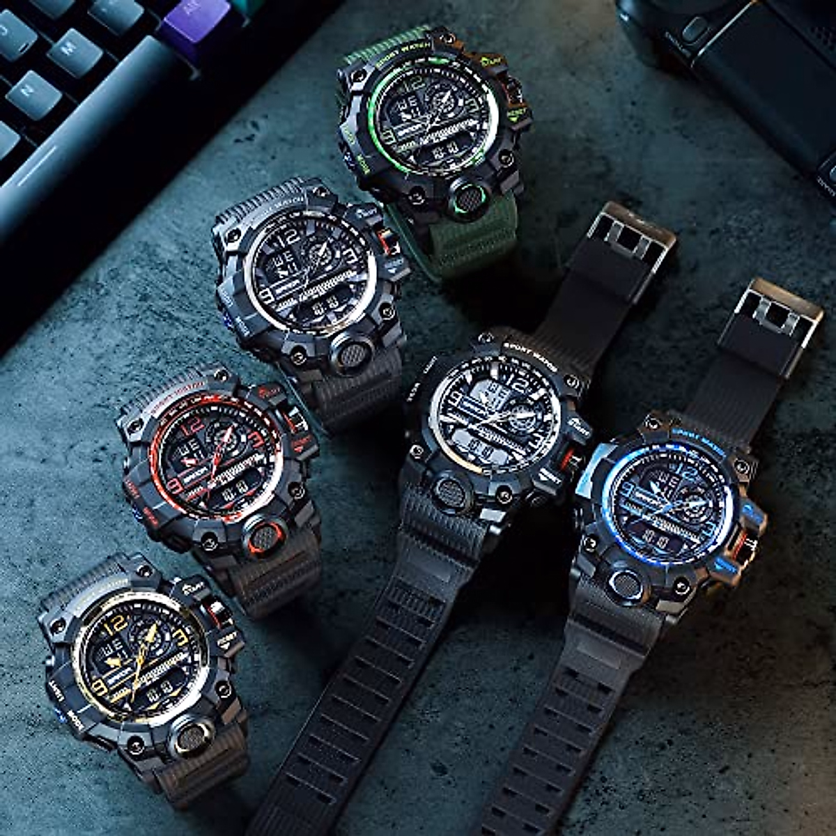 Yihou Mens Military Watch Tactical Watches for Men Sport Waterproof Relojes para Hombres Outdoor Digital Watch Big Face Alarm Stopwatch LED Gold