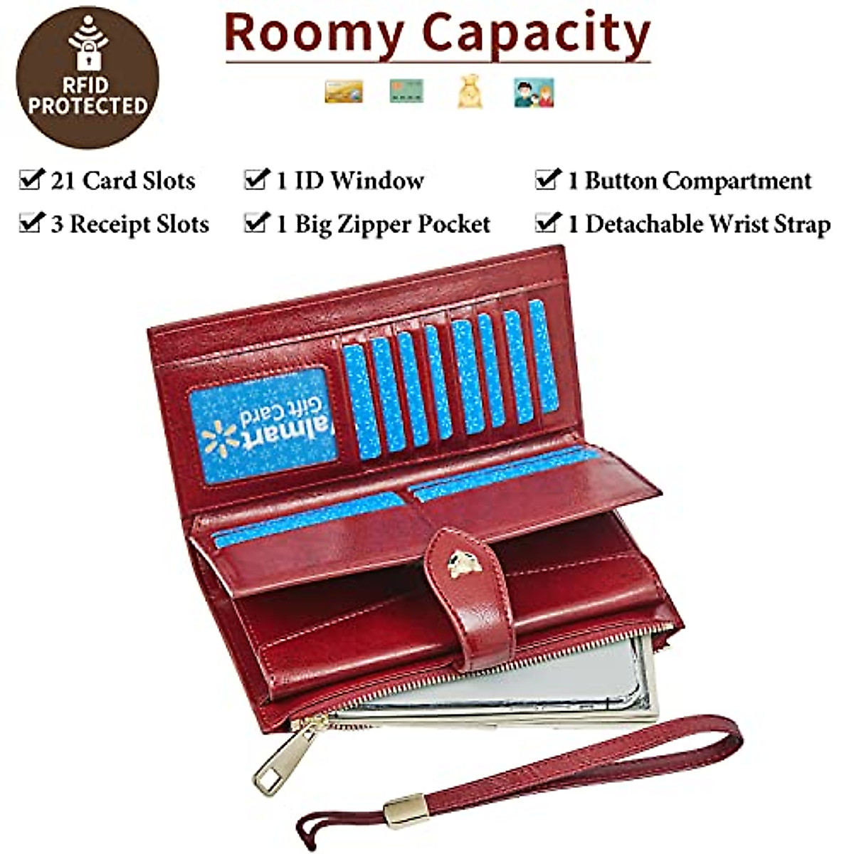 FOXLOVER Large Capacity Clutch Wallet For Women RFID Blocking Waxed Leather Multi Card Holder Organizer (Wine Red)