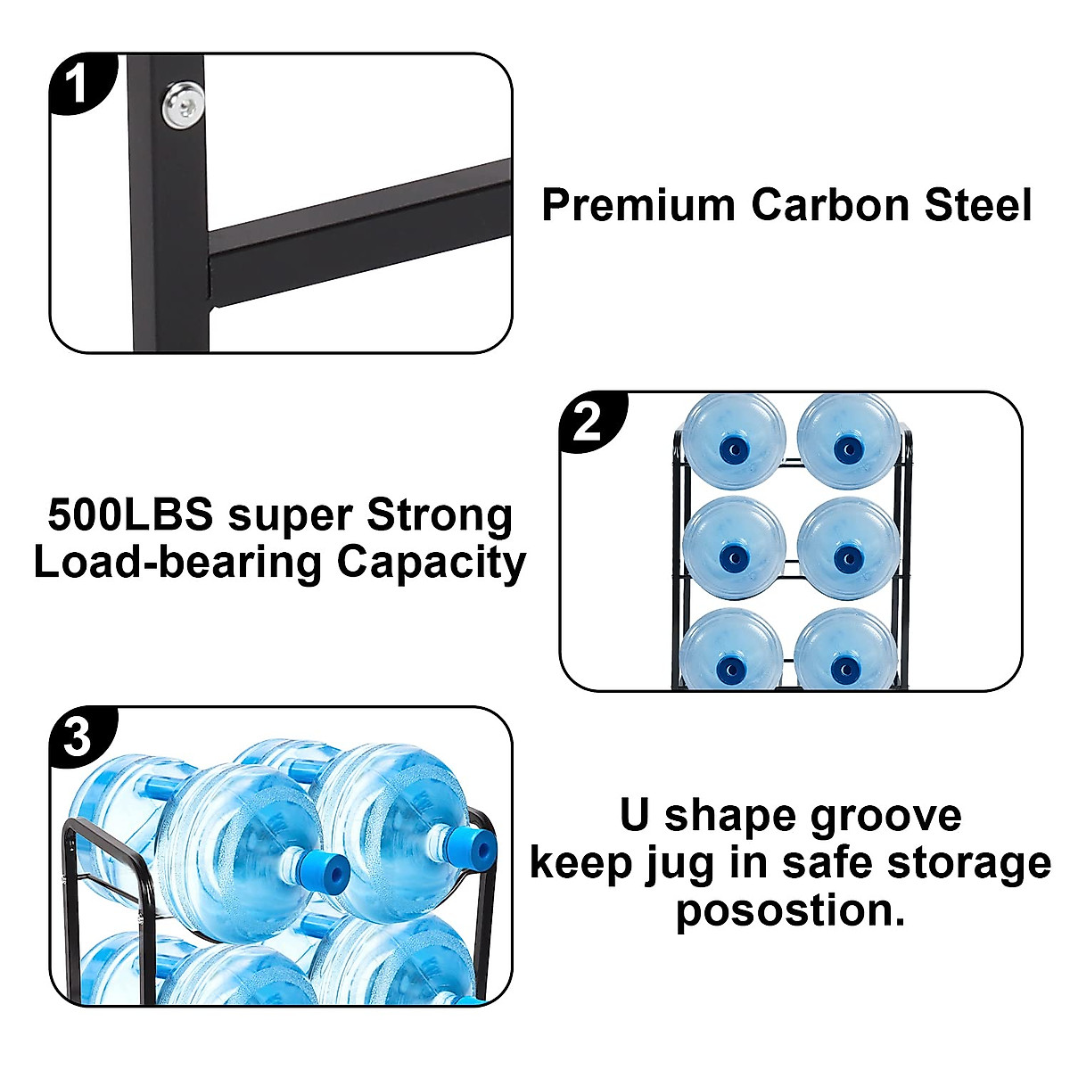 ikare 5 Gallon Water Jug Holder Heavy Duty Water Bottle Holder Organizer 3 Tier Water Cooler Jug Rack Steel Water Jug Bottle Dispenser Stand with 6 Slots for Gallon Jugs