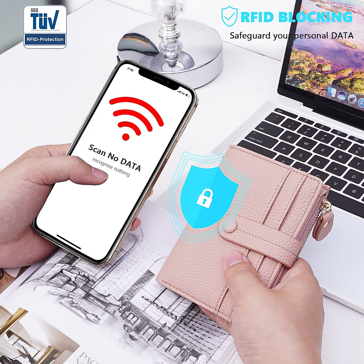 HKCLUF Small Wallets for Women,RFID Blocking Wallet Women,Bifold Slim Card Holder Zipper Coin Pocket With Tassel Keychain(Pink)