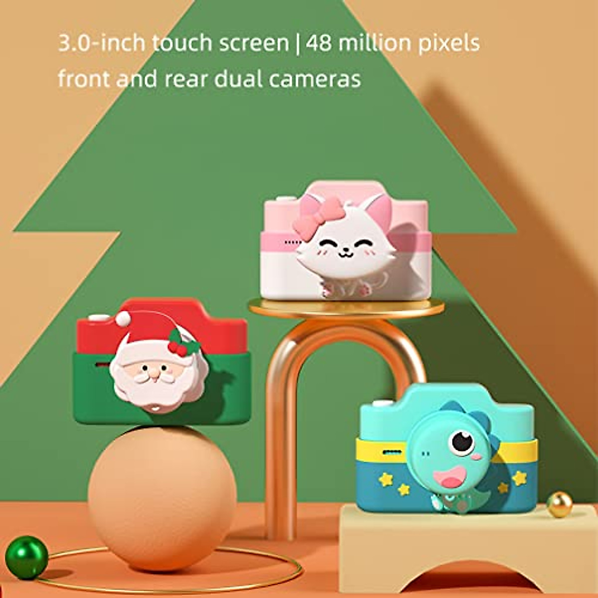 QSYY Children's Camera Dual Lens 48 MP High-Definition 3.0-Inch IPS Screen with Stickers and Cartoon Protective Cover, Data Cable Lanyard, Gifts for Boys and Girls,Green