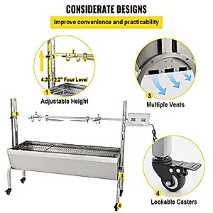 VEVOR 132 LBS Rotisserie Grill Roaster, 40W BBQ Small Pig Lamb Rotisserie Roaster, 50 Inch Stainless Steel Charcoal Spit Rotisserie Roaster Grill for Camping and Outdoor Barbecue