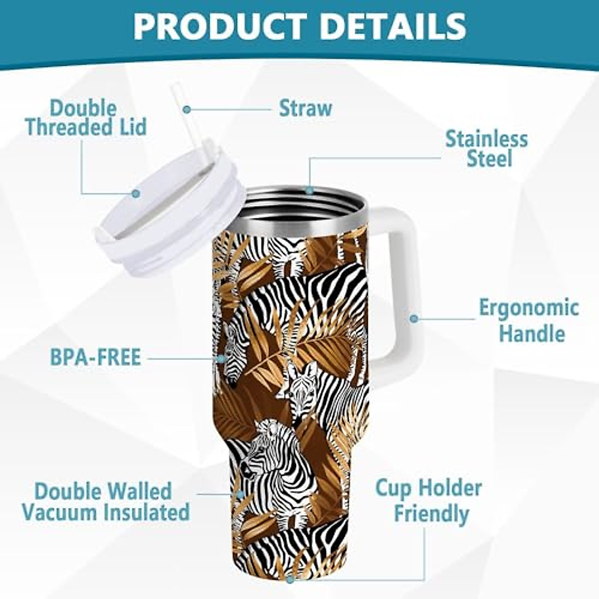 Zebra Palm Leaves Insulated Stainless Steel Water Bottle with Handle and Straw Lid Double Walled Travel Mug 40 oz