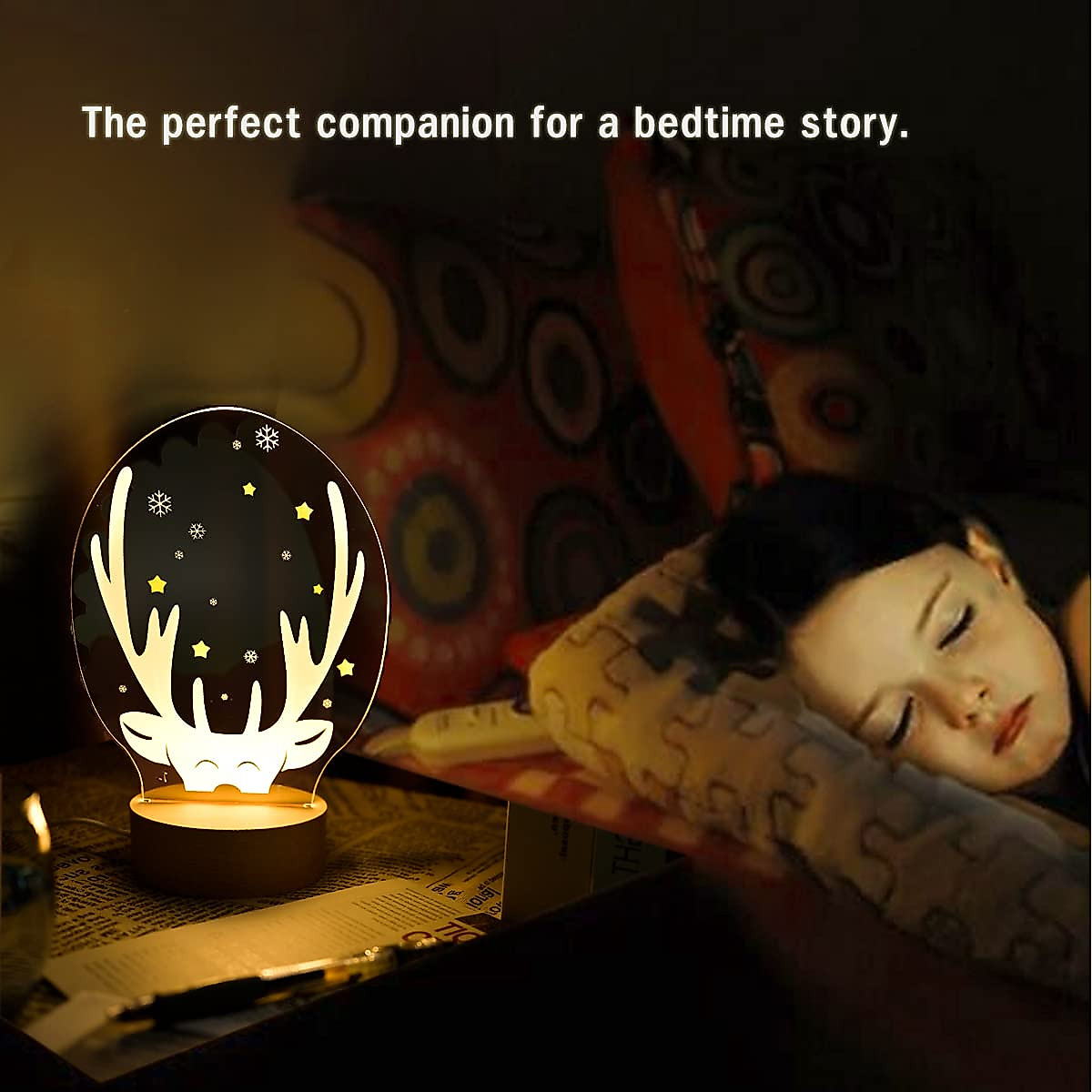 MYTH REALM Elk Rechargeable 3D Illusion Night Light with Beech Stand, LED Decoration Lamp, 4 Options Gifts for Kids Friends Family(Elk)