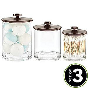 mDesign Plastic Apothecary Canister Jar Storage Organizer for Bathroom, Bedroom, Vanity, Kitchen Cabinet Organization - Holds Cotton Swab - Lumiere Collection - Set of 3 - Clear/Bronze
