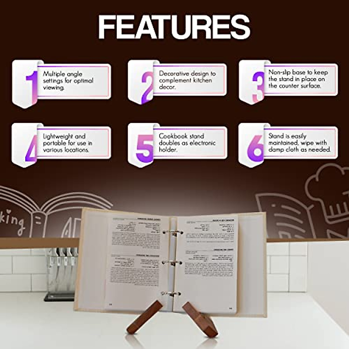 Acacia Cookbook Stand, Beautiful Cookbook Holder, Convenient Book Stand, Recipe Book Holder for countertops and Cook Book Stand for Kitchen Hands-Free Cooking, Cookbook Stand for Kitchen Counter