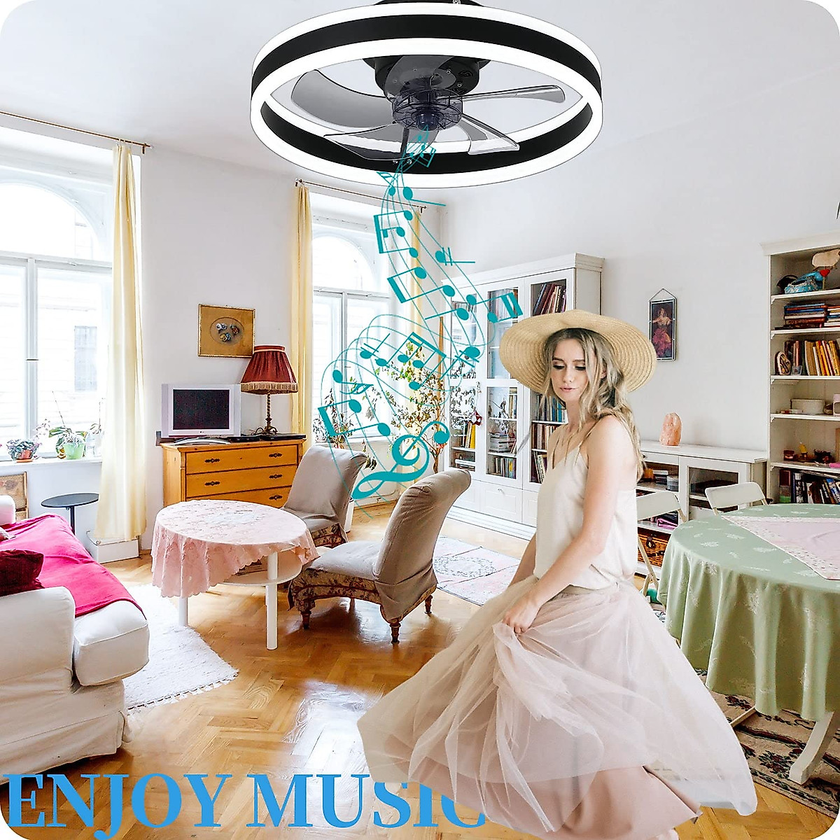 DewShrimp Flush Mount Ceiling Fan with Lights - Bladeless, Bluetooth Speaker, App & Remote Control, Quiet, Low Profile, LED, Stepless Dimming, 3 Colors, 6 Speeds, Reversible, 19.7in