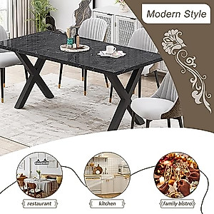 Modern 70-Inch Large Dining Table, Rectangular Table with Printed Marble Table Top, Faux Marble Luxury Dining Table with Metal X-Shape Legs, Modern Table for Office Kitchen Dining Living Room, Black