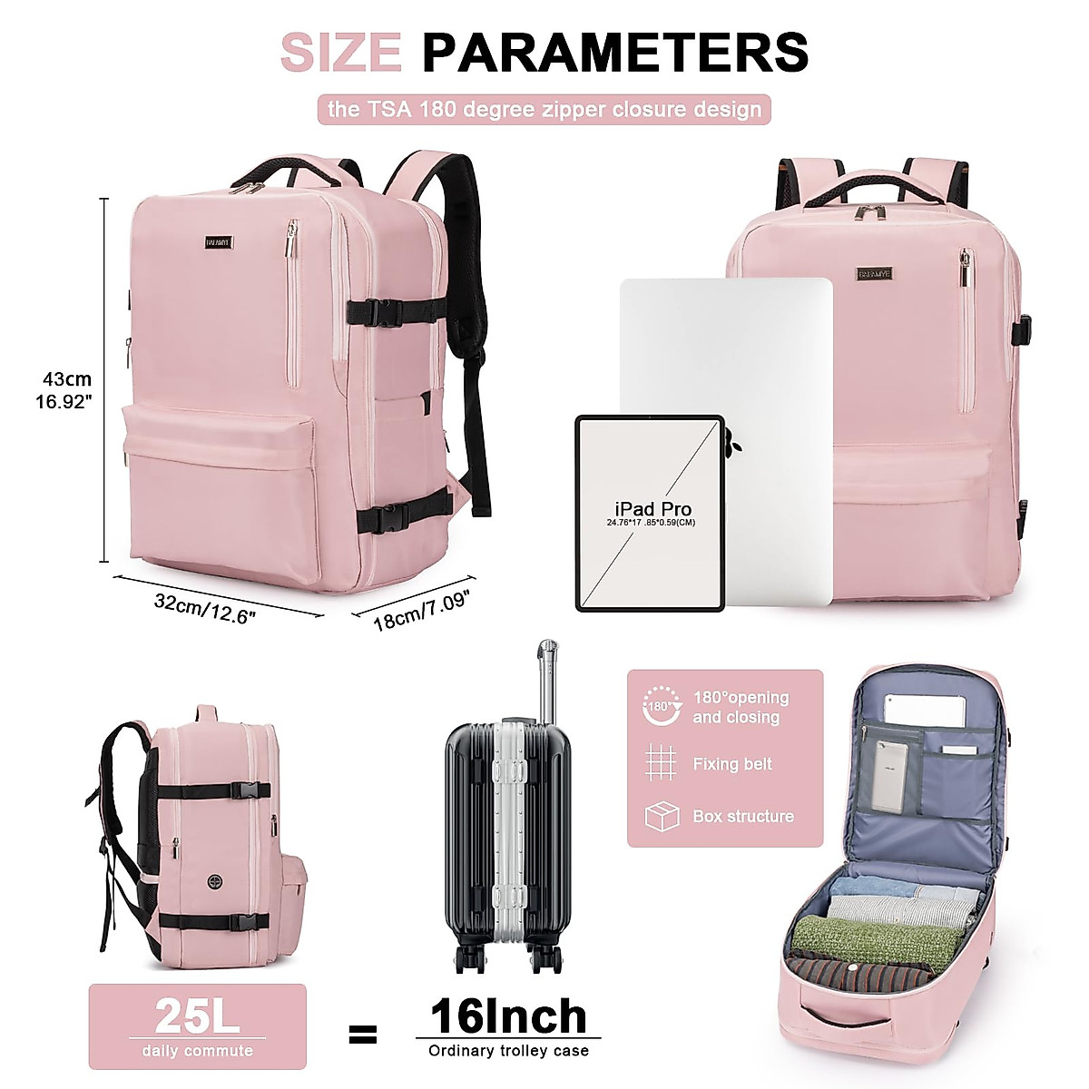 BAFAMYE Travel 17" Laptop backpack personal item size,TSA Friendly Carry-on Backpack Airline Approved Women Men,Waterproof Durable Business Backpack with USB Charging Port,Weekend backpack-Pink