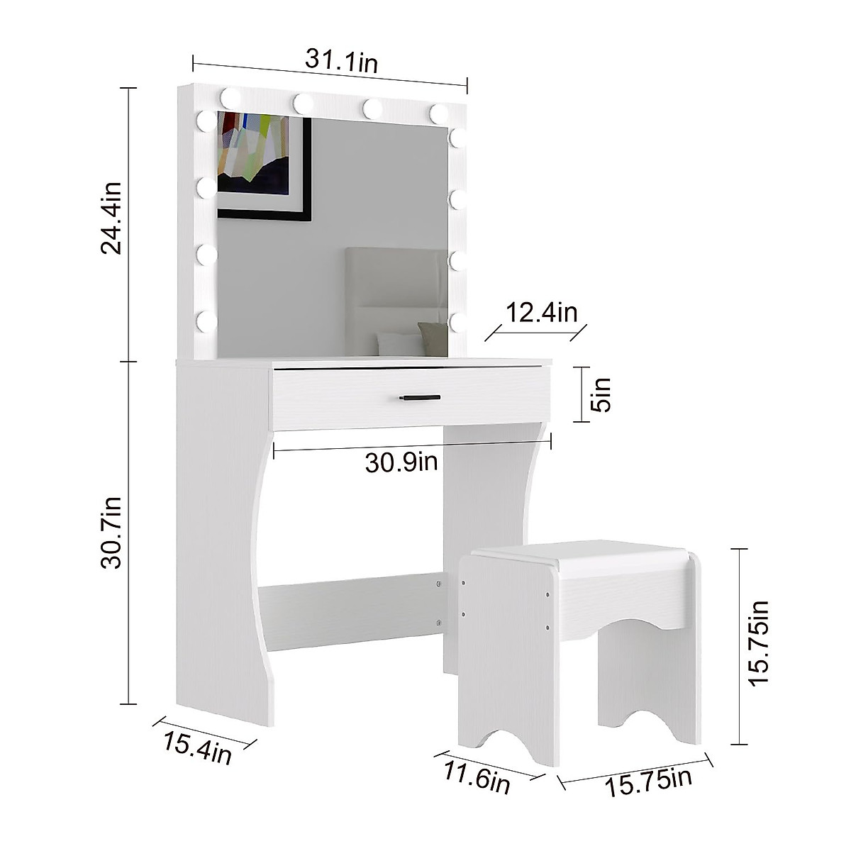 Vanity Desk with Mirror and Adjustable Lights, One Drawer Storage Makeup Table with Stool - Vanity Set for Bedroom (White)