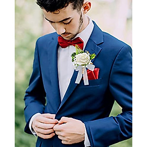 Ivory Rose Wrist Corsage Wristlet Band Bracelet and Boutonniere Set for Men Women Bride Bridesmaid Wedding Prom Flowers Accessories (6 Boutonnieres)