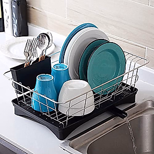 ANTOWIN Dish Drying Rack, Dish Drainer with Drip Tray, Anti-Rust Frame, Swivel Spout Large Storage Draining Board Design, Removable Cutlery Holder for Kitchen - Black with Dishwashing Brush