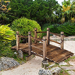 5FT Wooden Garden Bridge Arch Stained Finish Footbridge Decorative Backyard Bridge with Double Safety Railings Outdoor Lawn Pond Bridge Walkway for Garden Yard Patio Courtyard Farm Stream Creek