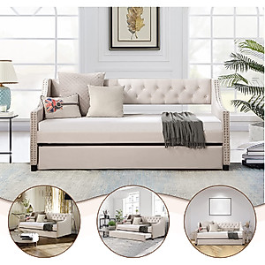 Obuvar Twin Size Daybed with Trundle, Upholstered Velvet Day Bed Frame with Tufted Button, Modern Furniture Sofa Bed for Living Room, Bedroom, Guest Room, Dorm, No Box Spring Needed, Beige