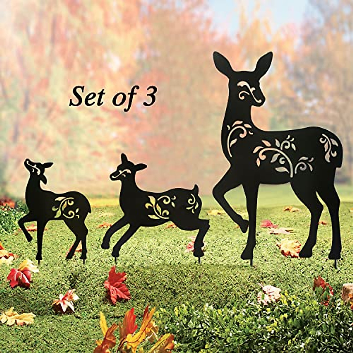 Hokfirm Metal Deer Stake, Outdoor Metal Animal Statue, Silhouette Deer Stake, Outdoor Decorative Metal Animal Stakes, Set of 3