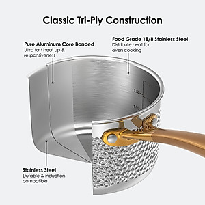 Homaz life 2-Quart Saucepan with Tempered Glass Lid, Tri-Ply Stainless Steel Cookware, Induction Ready, Compatible with All Cooktops, Dishwasher Safe, Non-Toxic, Gold-Colored Stay-Cool Handle