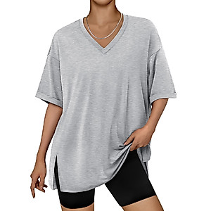 Trendy Queen Oversized Tshirts for Women Workout Plus Size Tops V Neck Short Sleeve Tunic Side Slit Outing T Shirts 2025 Spring Summer Casual Clothes Loose Fit Basic Tees Beach Vacation Grey XXL