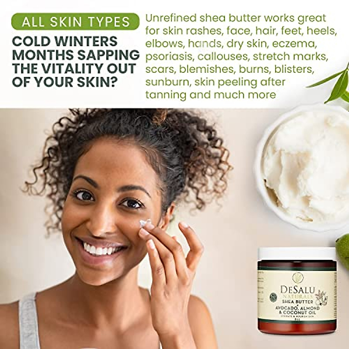 Desalu Naturals Pure Unrefined Shea Butter with Avocado Oil, Almond Oil & Coconut Oil - 100% Natural African Shea Butter for Skin - Safe for All Skin Types.