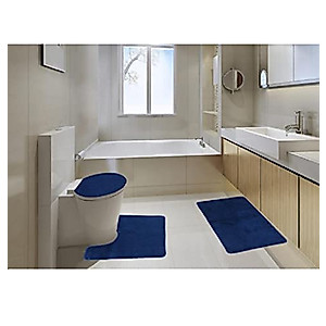 3 Piece Luxury Acrylic Bath Rugs Set Large 18"x"30 Contour Mat 18"x18" and Lid. (Navy Blue)