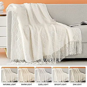 Touchat Knitted Throw Blankets for Couch, Sofa and Bed, Lightweight Soft Knit Blanket with Tassel, Decorative Cozy Farmhouse Throw Blankets for Women and Man 50"x60", Cream Off White