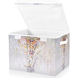 DIGTIA Storage Bins with Lids Psychedelic Indian Elephant Foldable Storage Boxes with Handles Watercolor Animal Large Storage Basket Collapsible Organizer Containers for Closet Home Bedroom Office