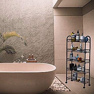 WASJOYE Rolling Wire Slim 5-Shelf Storage Cart for Home Kitchen Marketplace, Storage and Organization Stand with Lockable Wheels (Black)