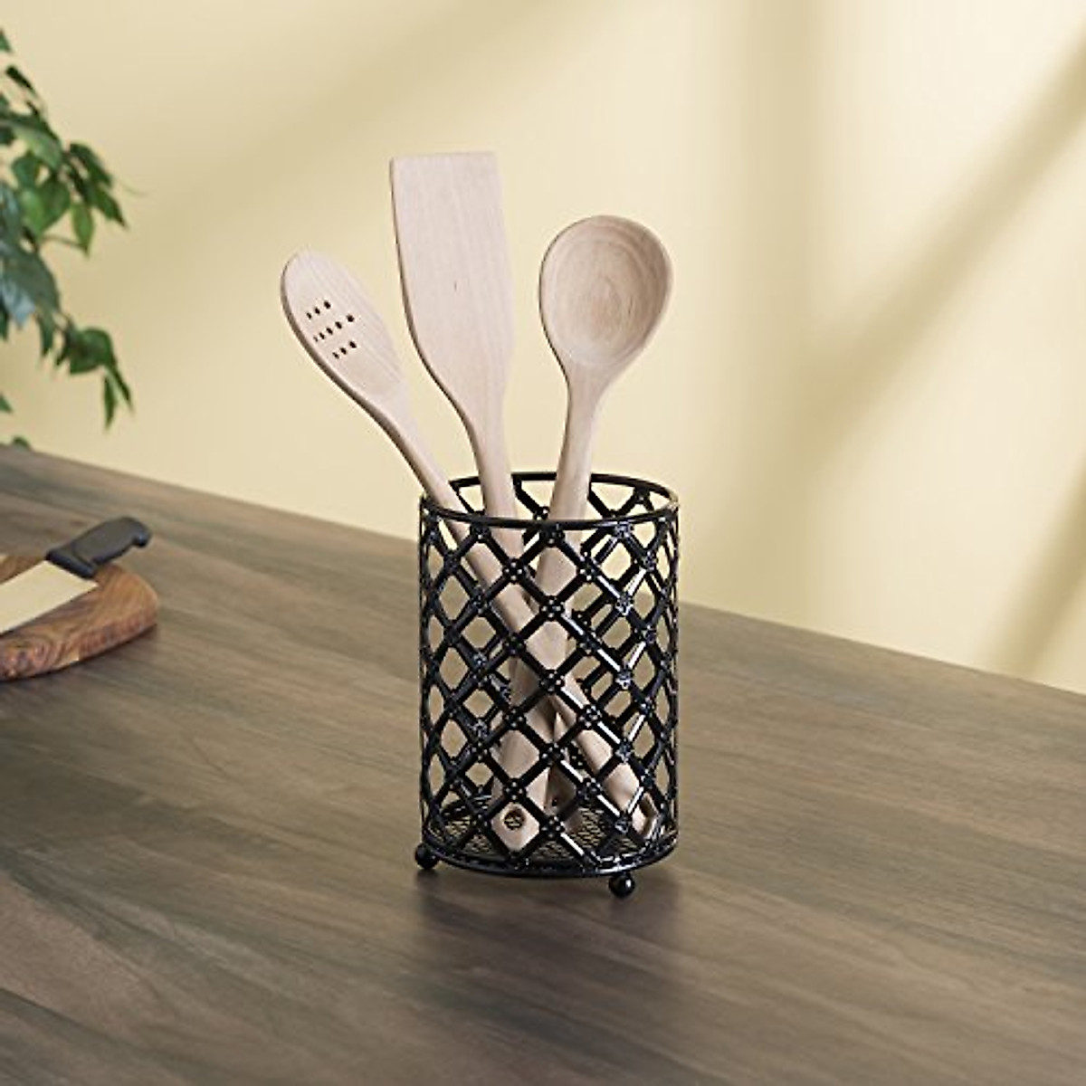 Home Basics Beautiful Heavy Duty Steel Lattice Cutlery Holder, Utensil Organizer, Rust-resistant, Free Standing, Black, 5" x 5" x 7"