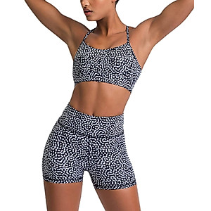 IWEMEK Women 2 Piece Workout Outfits Polka Dot Print High Wasit Biker Shorts + Backless Adjustable Sport Bra Sets Exercise Running Gym Clothes Black Polka Dots Small