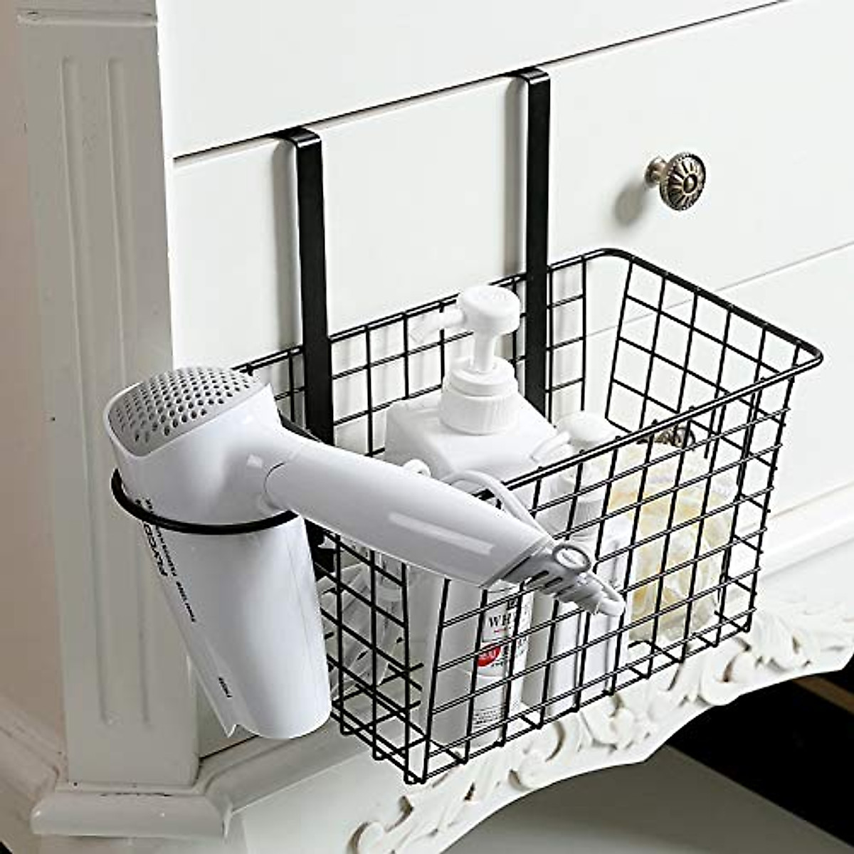 Bathroom Hair Dryer Holder, Kitchen Wall Mount Towel Rack Storage Basket Over The Cabinet Door Organizer Holder, Hanging Care Sundries Organization(White)