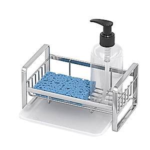 VOLCANOES CLUB Kitchen Sink Sponge Holder with Dish Soap Dispenser & Sponge | Stainless Steel Countertop Sponge Rack | Over The Sink Caddy Organizer with Removable Drain Tray - Silver/Small
