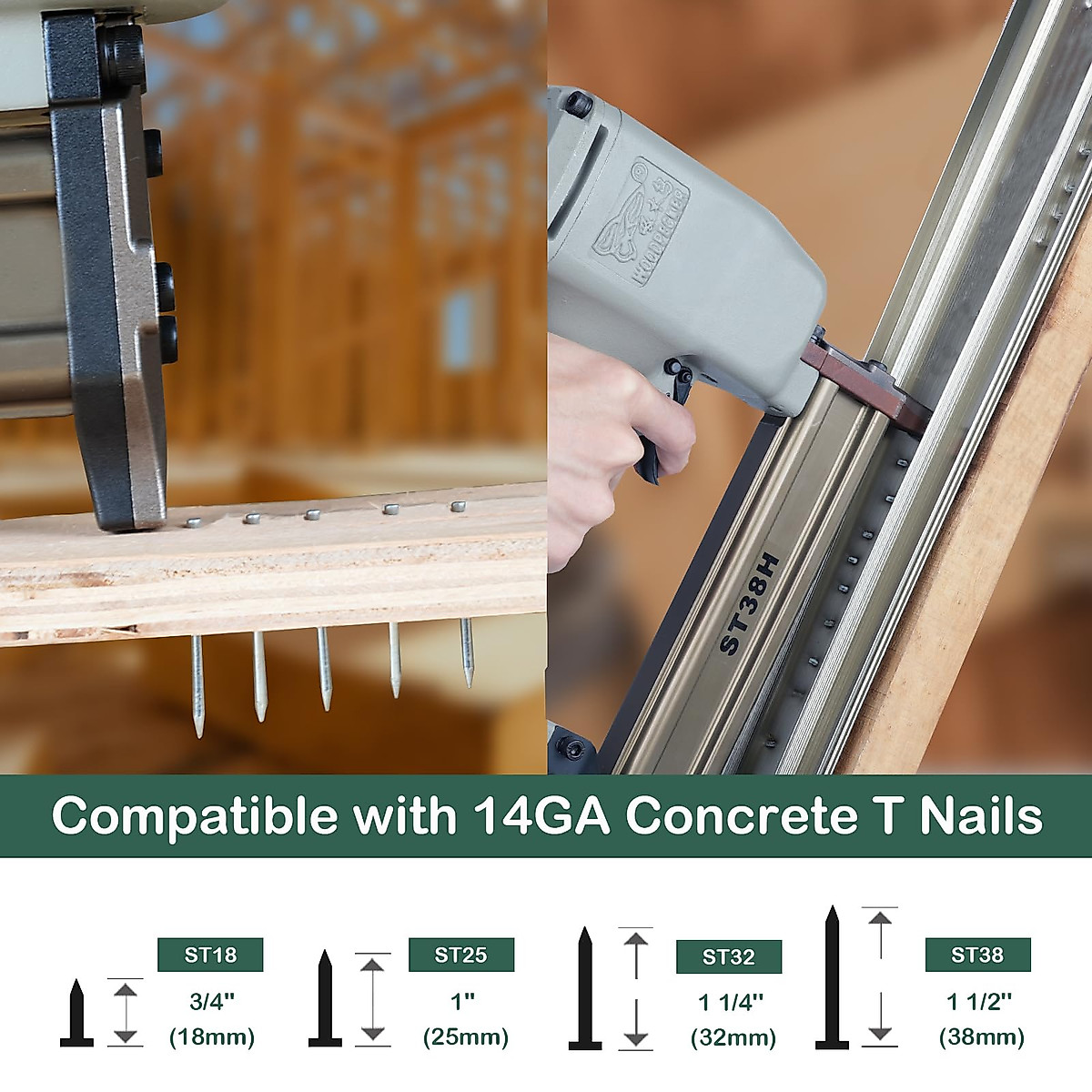 Woodpecker 14 Gauge Pneumatic Concrete Nail Gun ST38H with Safety Lock, 3/4-Inch to 1-1/2-Inch Length Air Power Concrete T Nailer Heavy Duty Concrete T Nails Gun for Packaging Woodworking Cabinet